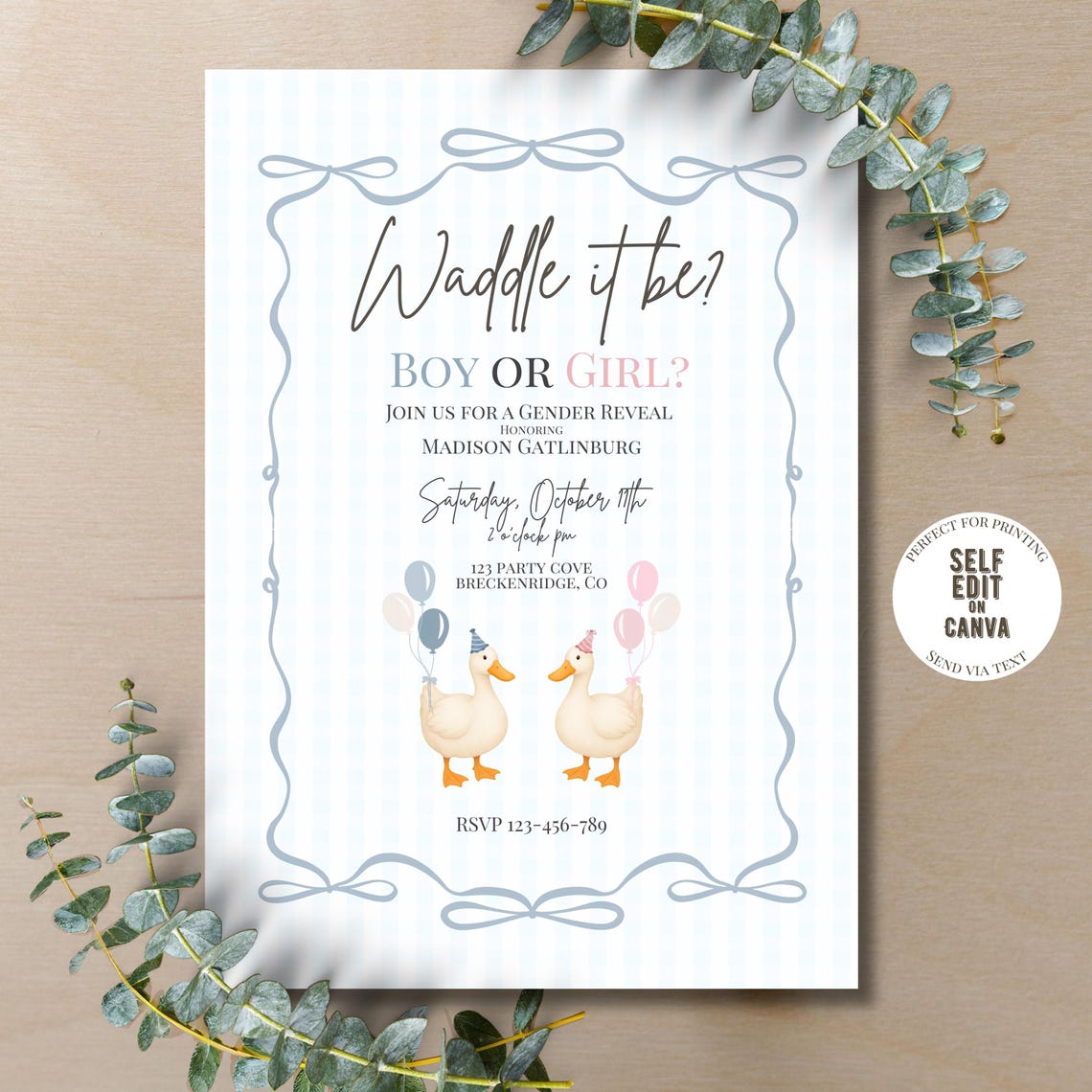 Waddle It Be Gender Reveal Invitation Template | Duck Goose Theme Baby ...