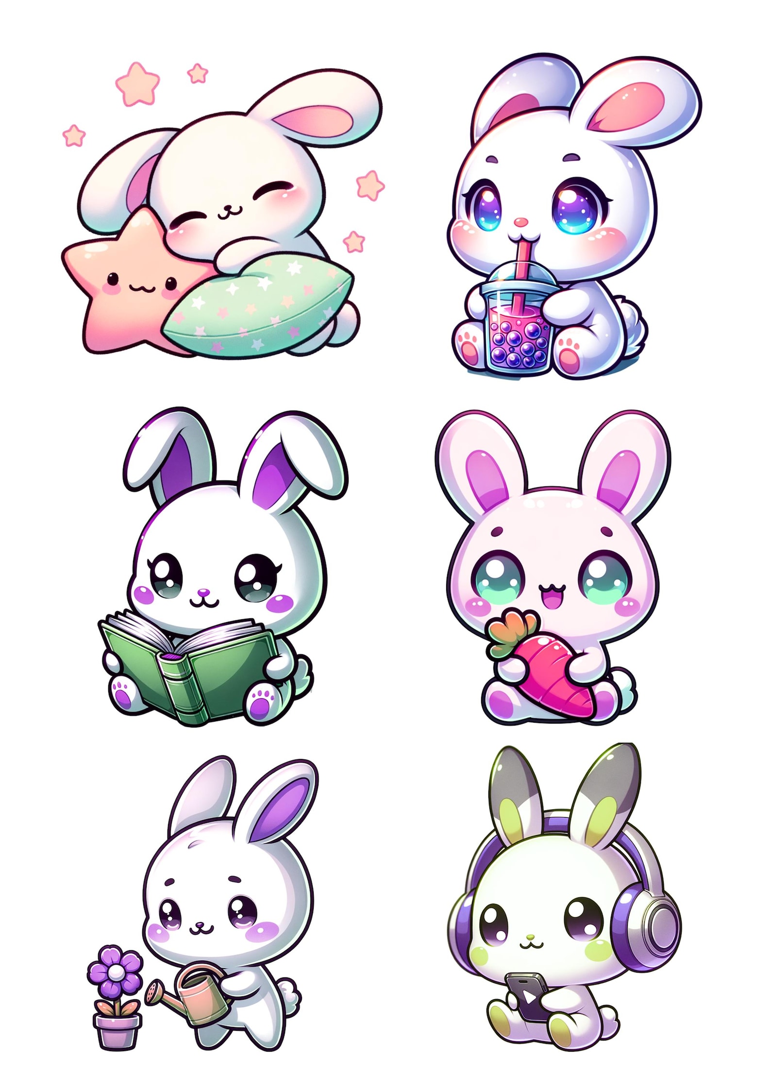6 Cute Chibi Rabbits Clipart / Kawaii Bunnies Digital Files - Etsy