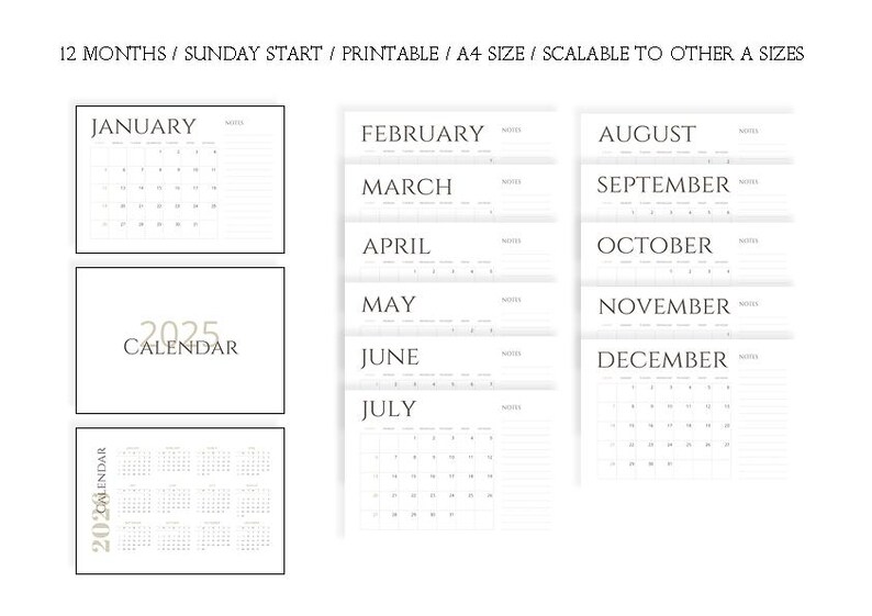 2025 Minimalist Calendar: Monthly Planner With Notes (A4 PDF) - Etsy