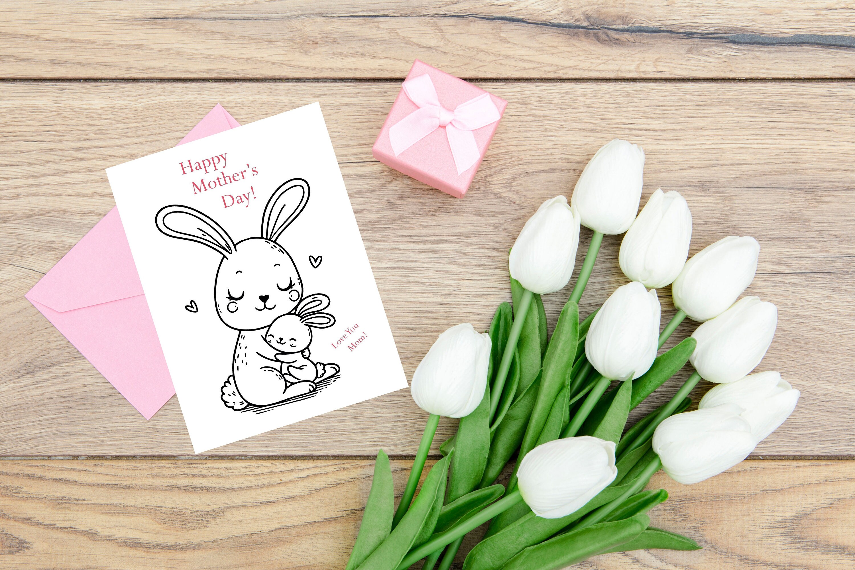 Printable B&W Mother's Day Card Cute Bunny Card for Mother Happy ...