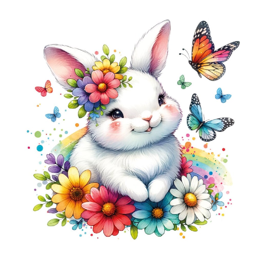 Summer Bunny Clipart: Floral Rabbit Digital Files (PDF & JPG) - Etsy