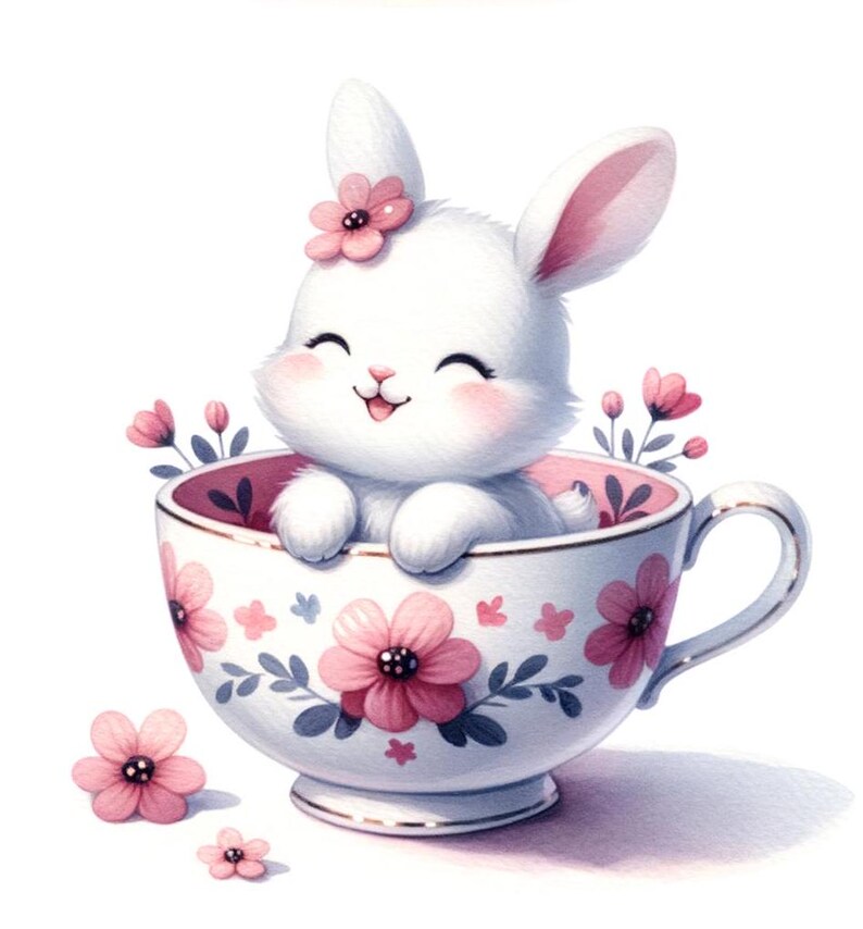 Cute Bunny in a Teacup Clipart – Kawaii Bunny Digital Download for ...