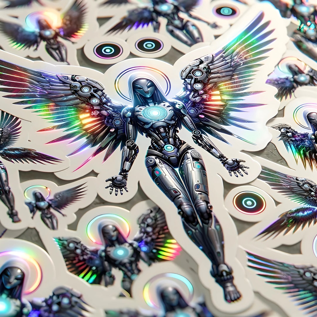 Holographic Cyber Angel Stickers, Robot Waterproof Stickers Laptop ...