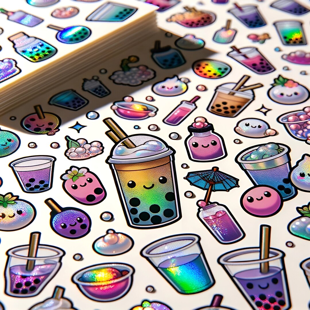 Holographic Bubble Tea Stickers, Waterproof Stickers Laptop Stickers ...