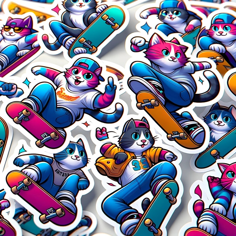 Scateboard Cats Stickers, Meme Cats Waterproof Stickers Decals for Car ...