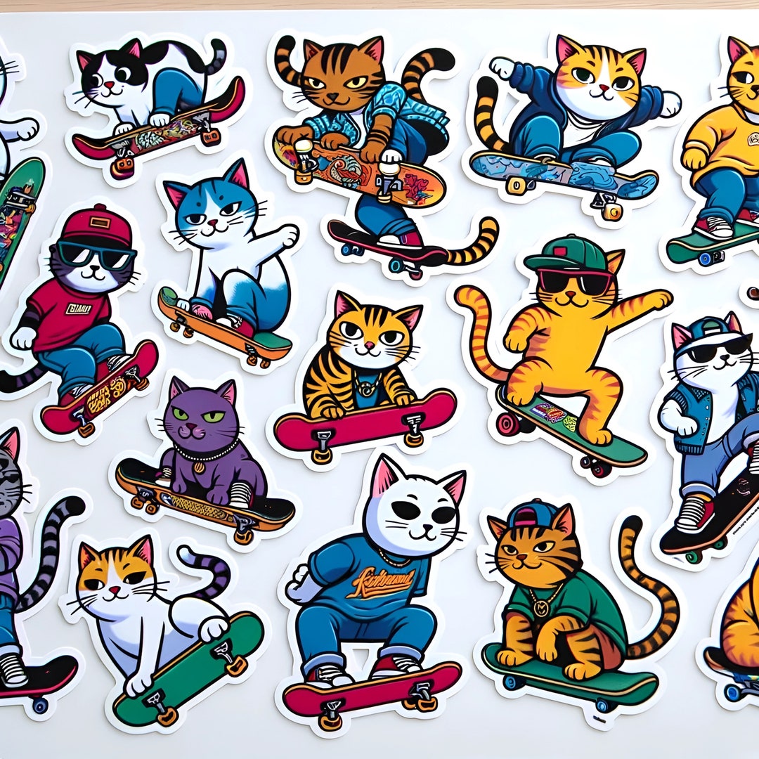Scateboard Cats Stickers, Meme Cats Waterproof Stickers Decals for Car ...