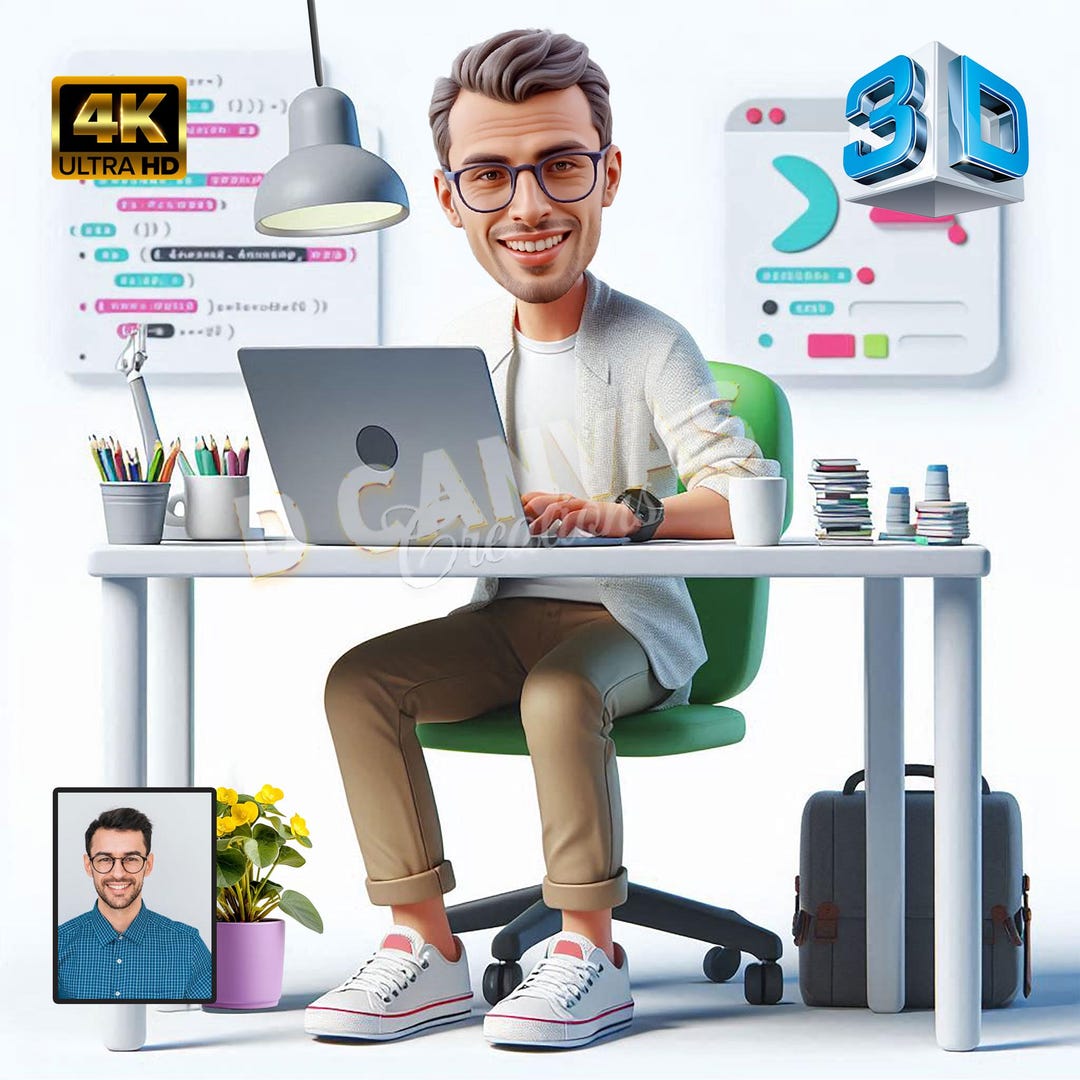 Custom 3D Caricature of a Software Developer Coding at a Computer ...