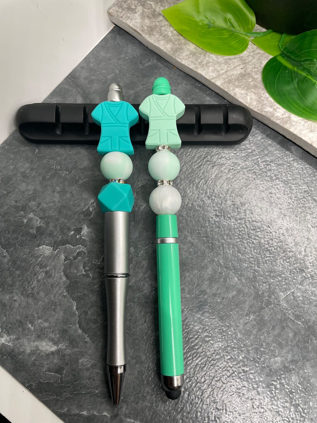 2 PC Handmade Silicone Bead Black Ink Pen & Stylus Set New Nurse Scrub ...