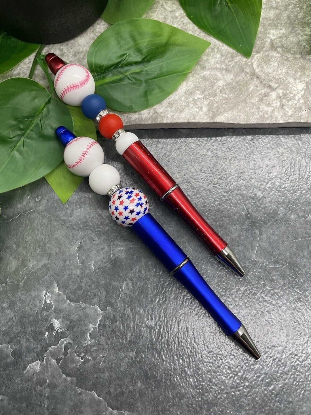 2 PC Handmade Silicone Bead & Rhinestone Black Ink Pen Set New Sports ...