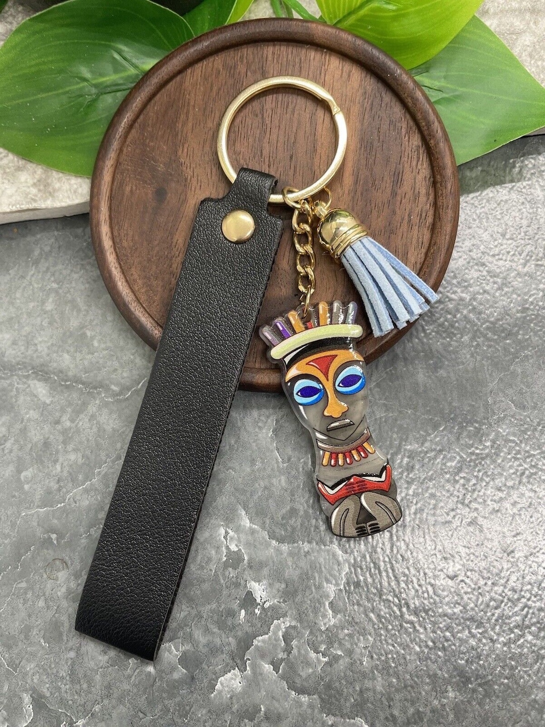 Handmade 5" Gold-tone 2" Totem Pole & Tassel Charm Leather Wristlet ...