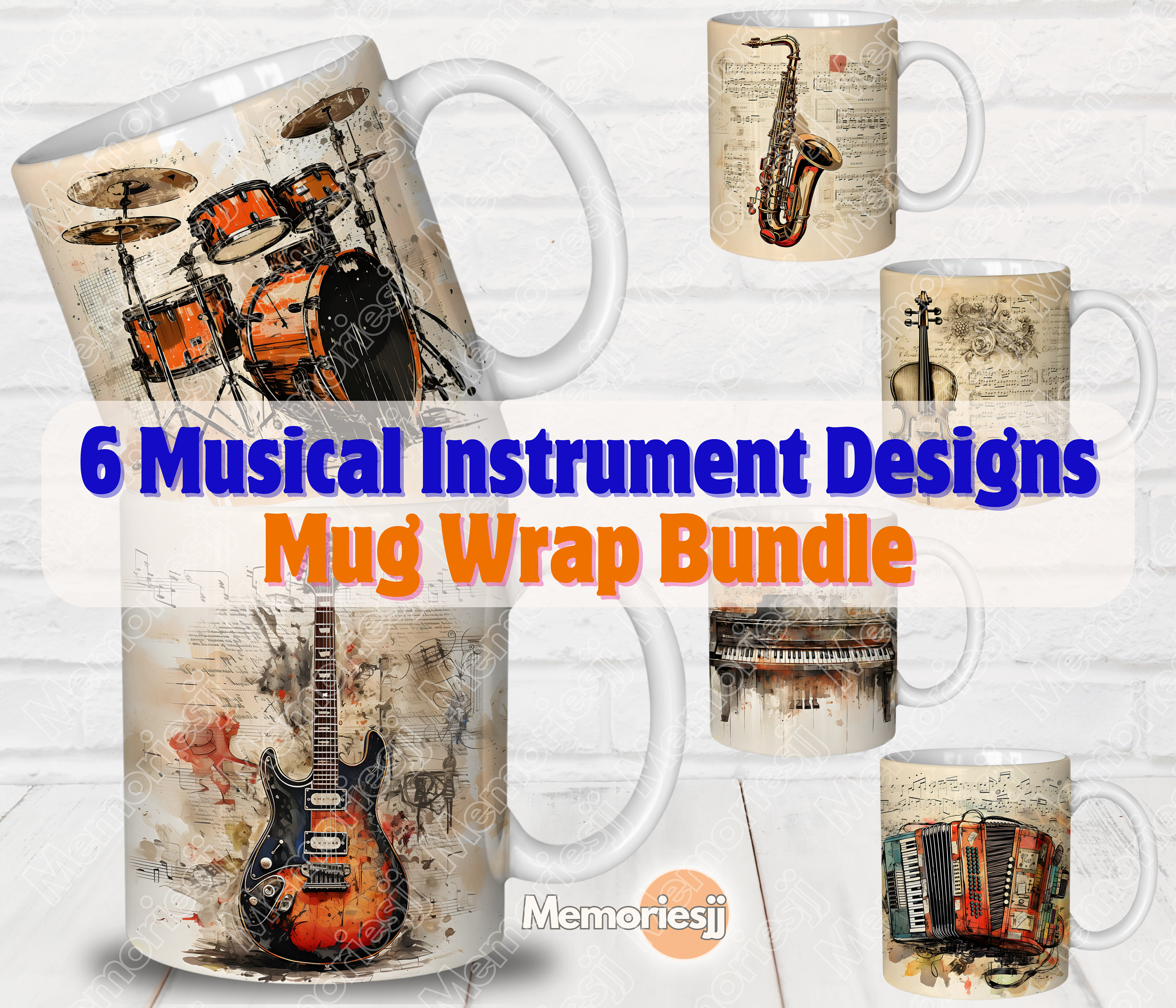 Bundle of 6 Musical Instrument Designs Mug Wrappers for Sublimation ...