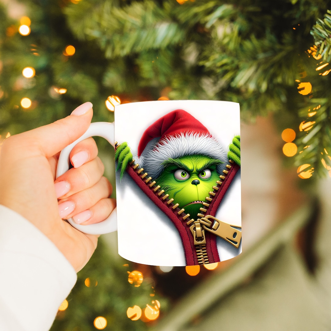 Christmas Grinch Coming Out of a Zipper Mug Wrap Griinch Mug Wrap PNG ...
