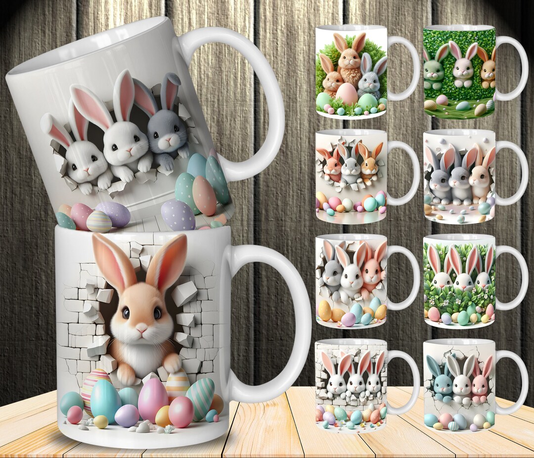 3D Rabbits Peeking Out of A Hole in the Wall, Easter Mug Wrap Bundle ...