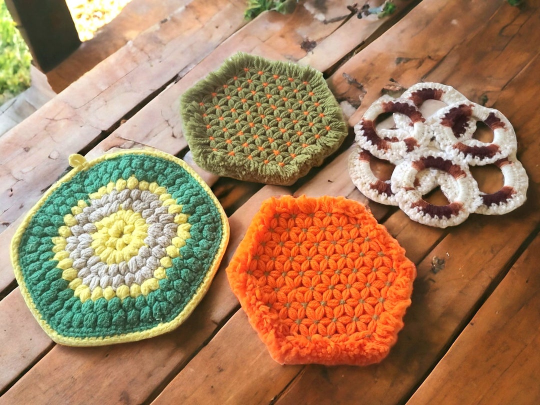 Lot 4 Vintage Trivet Daisy 70s Multi Colors Yarn Crochet Doily ...