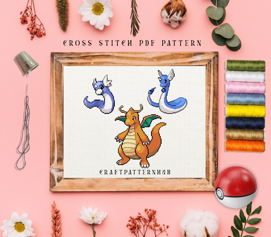 Dratini Dragonite Cross Stitch Pattern, Embroidery Pattern, Pokemon ...