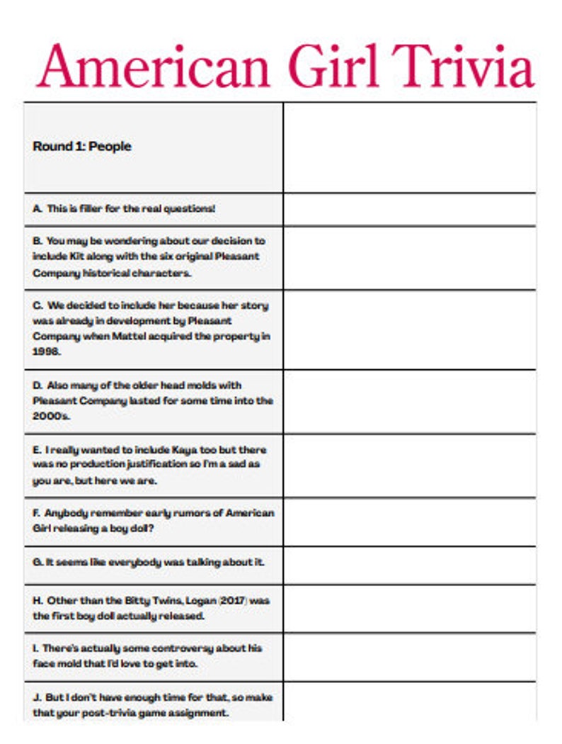 American Girl Trivia - Etsy