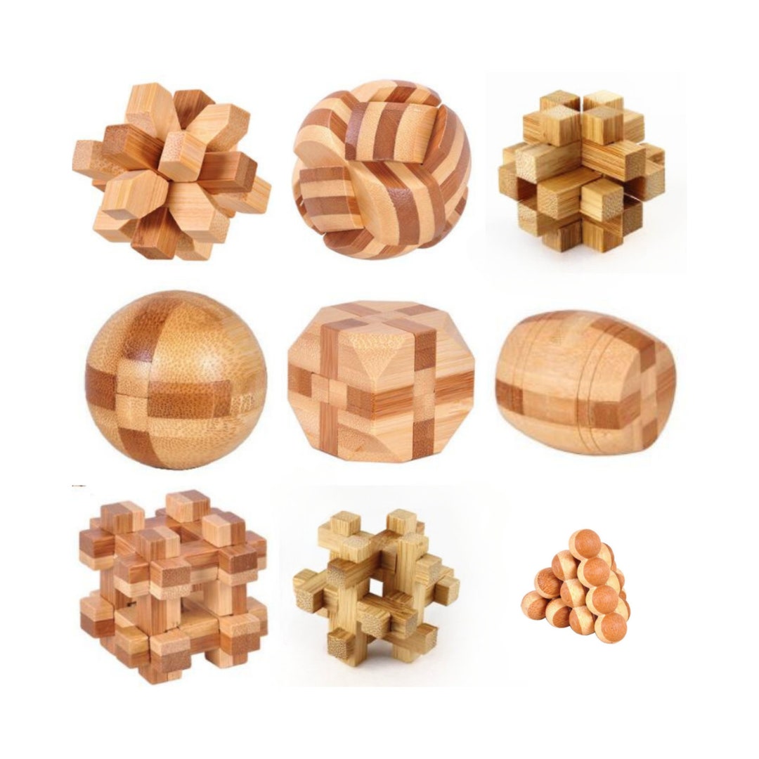 Interlocking Puzzles Set of 9 Bamboo Brain Teasers - Etsy