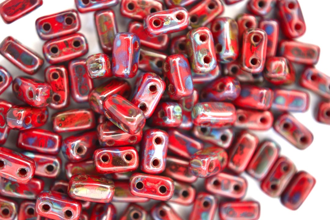 50pcs Czechmates Bricks Beads Two Hole 3x6mm Picasso Opaque Red Unique ...