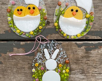 Yellow Bunny in a Flower Garden With Oak Stand, Fused Glass Rabbit ...