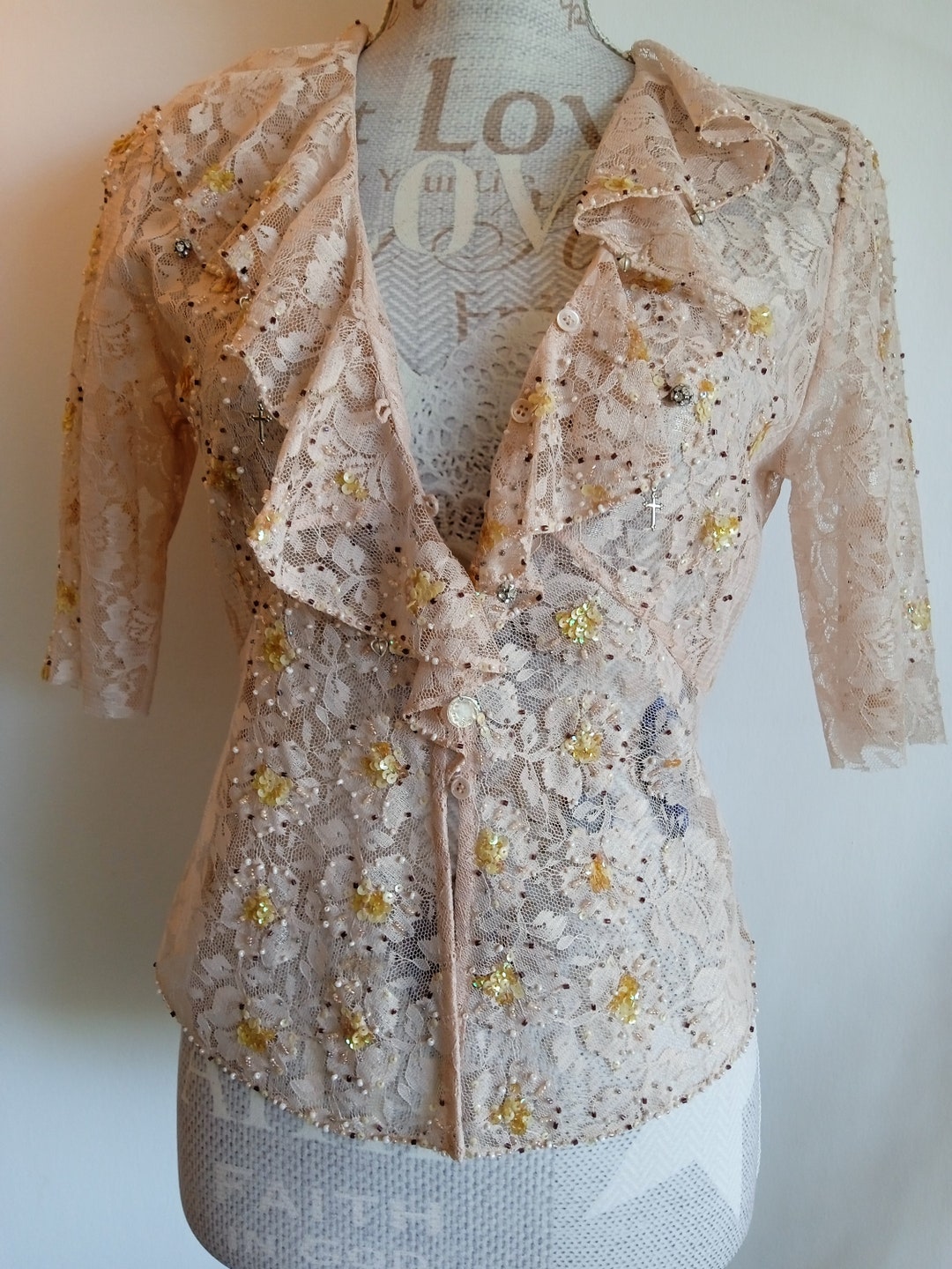 Karen Millen Lace and Beaded Frill Neck Top - Etsy