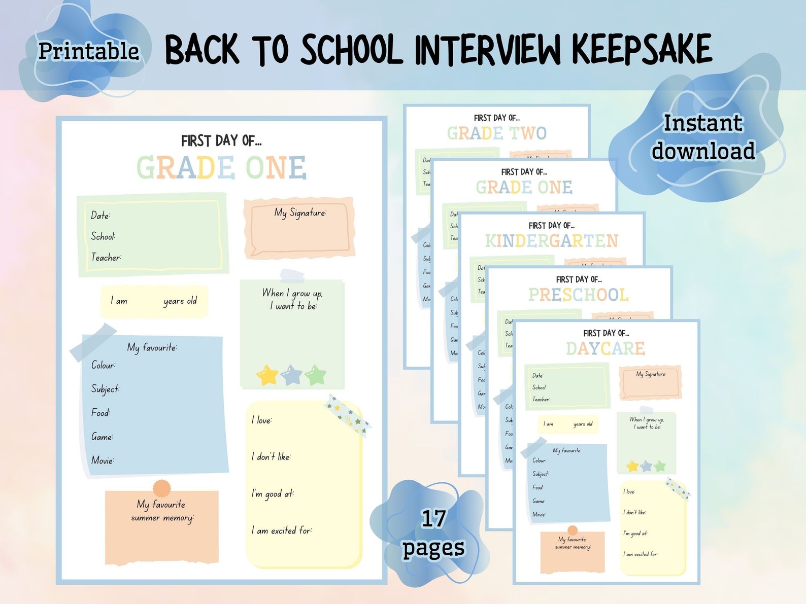First Day of School Interview Printable,first Day of School ...