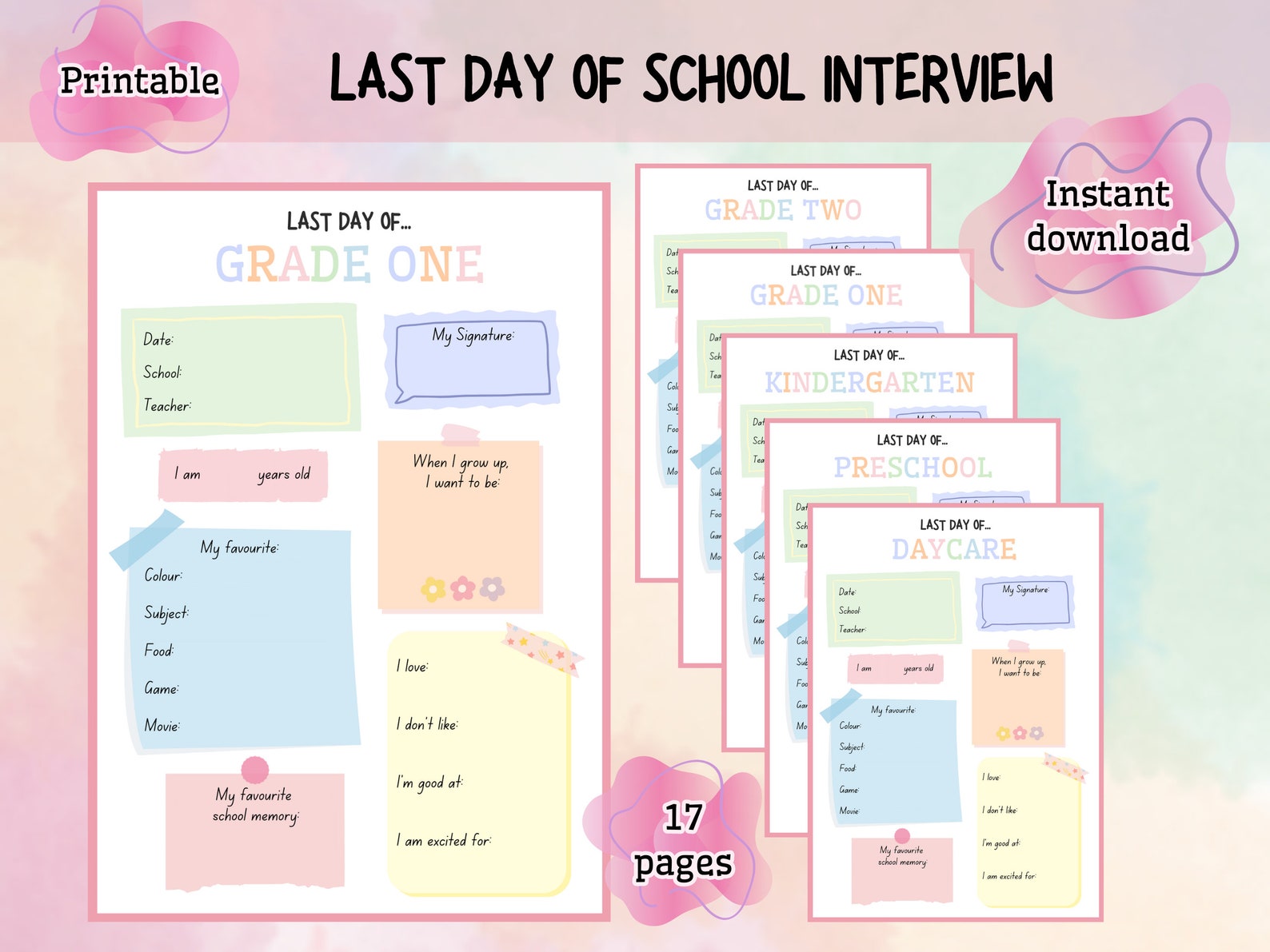 Last Day of School Interview Printable,last Day of School Questionnaire ...
