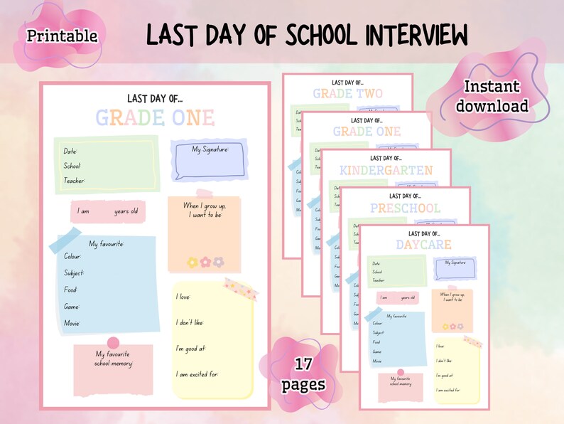 Last Day of School Interview Printable,last Day of School Questionnaire ...