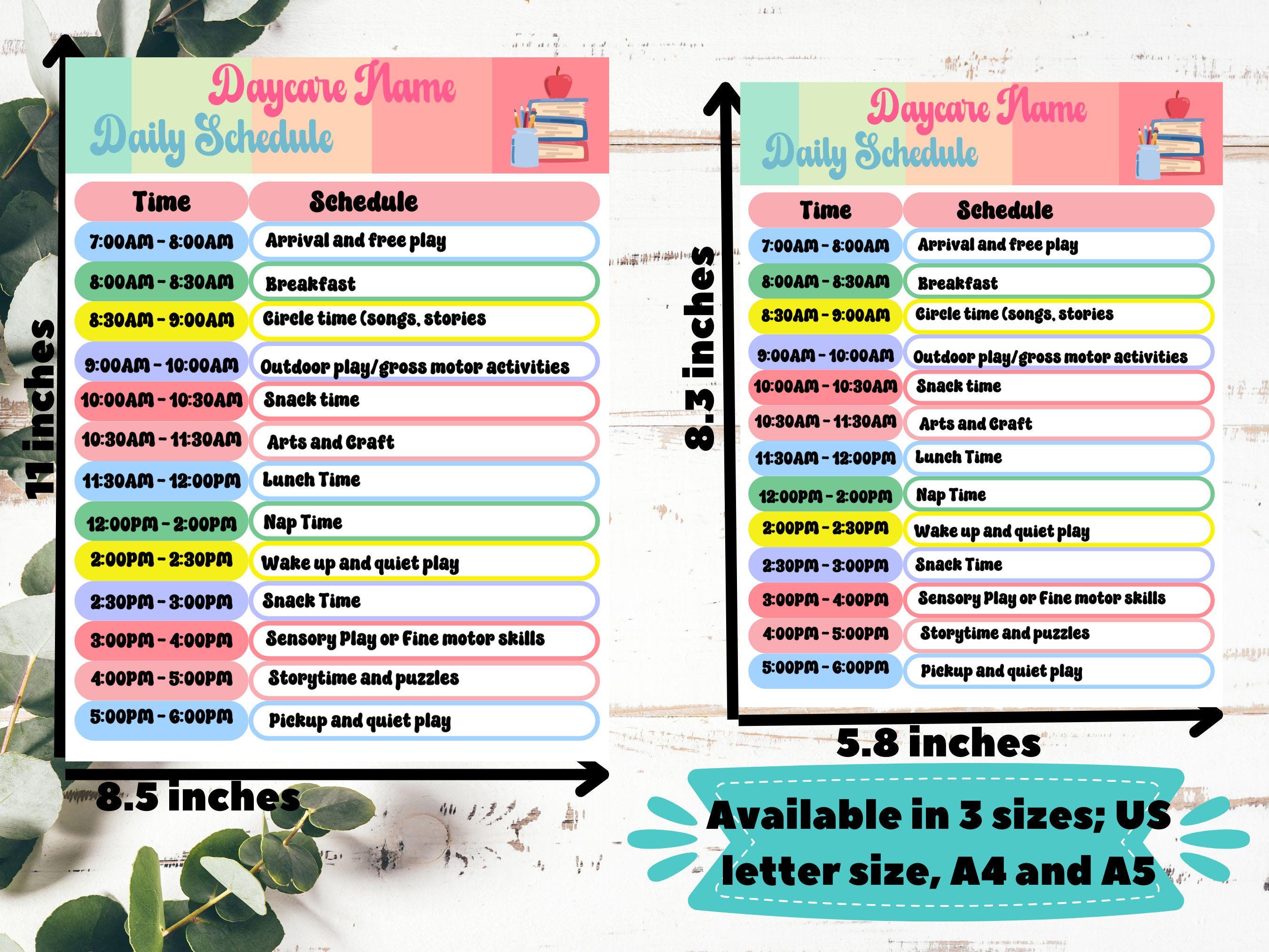 Editable and Printable Daily Daycare Schedule, Childcare Center ...