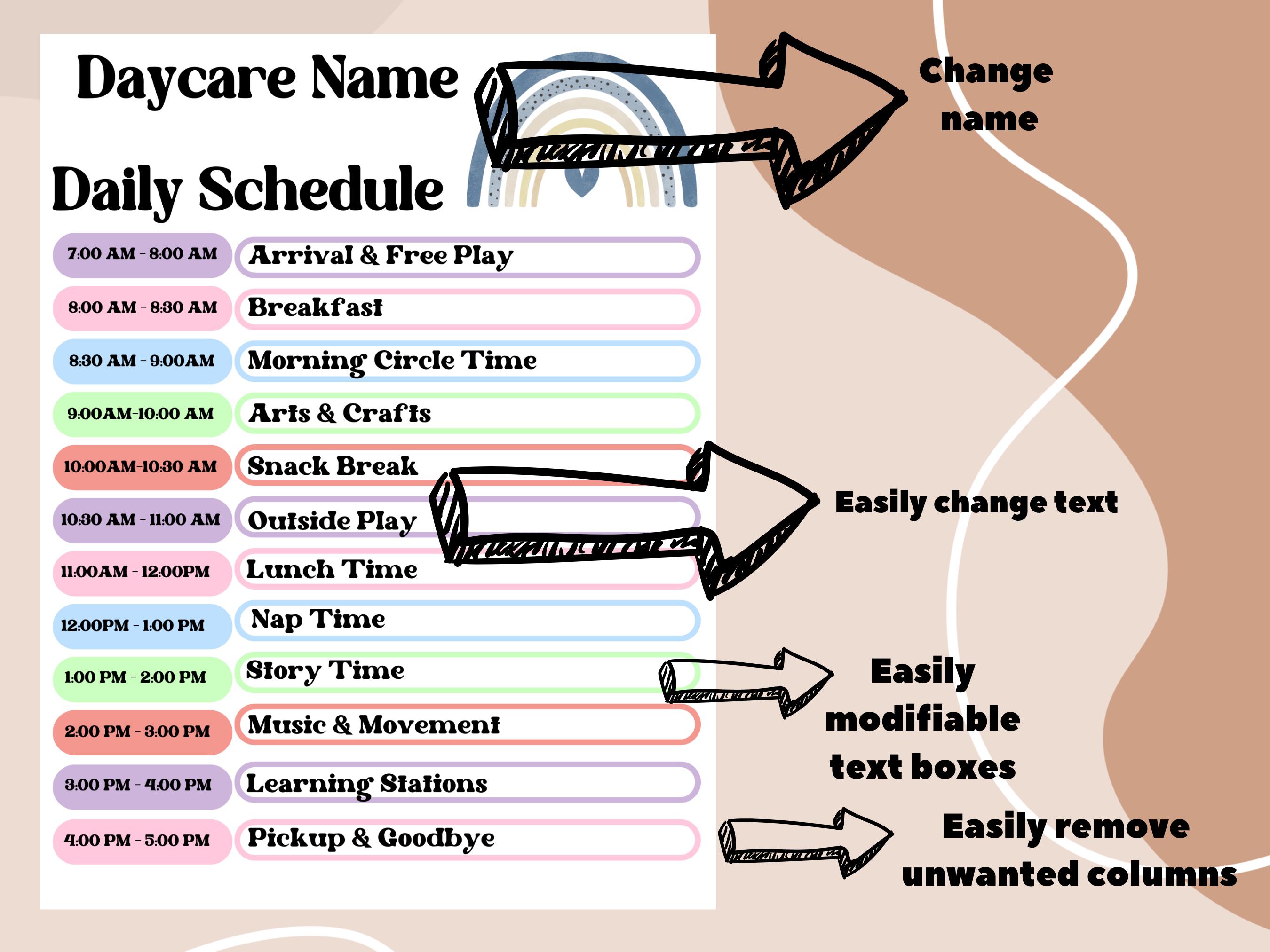 Editable and Printable Daily Daycare Schedule, Childcare Center ...
