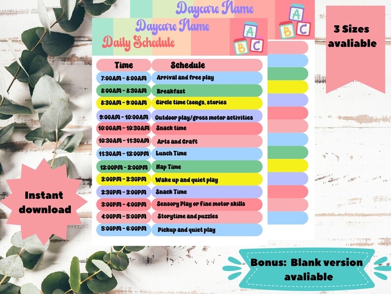 Editable and Printable Daily Daycare Schedule Childcare Center ...