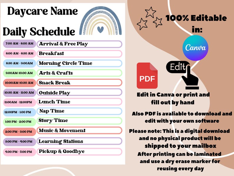 Editable and Printable Daily Daycare Schedule, Childcare Center ...