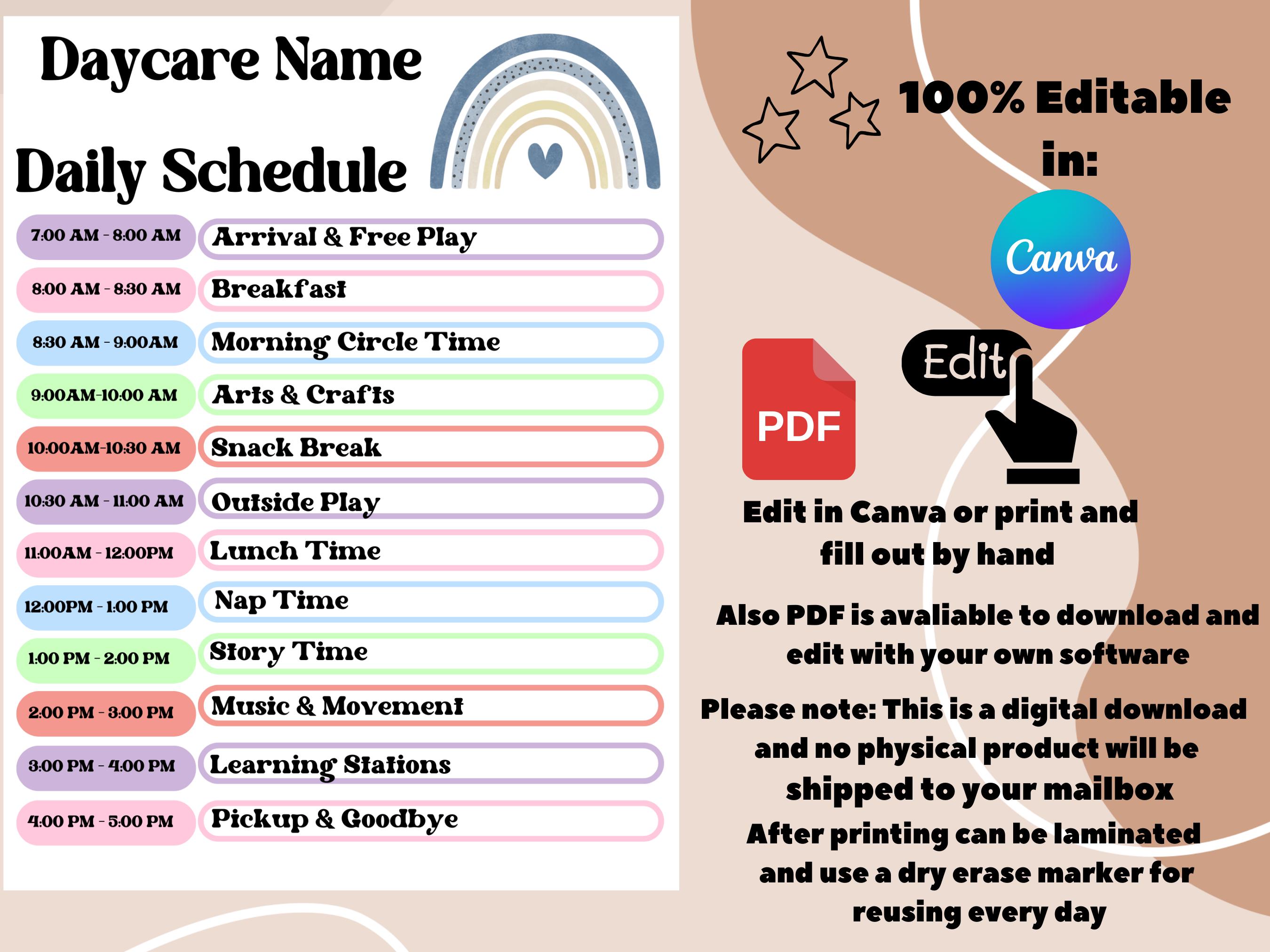 Editable and Printable Daily Daycare Schedule, Childcare Center ...