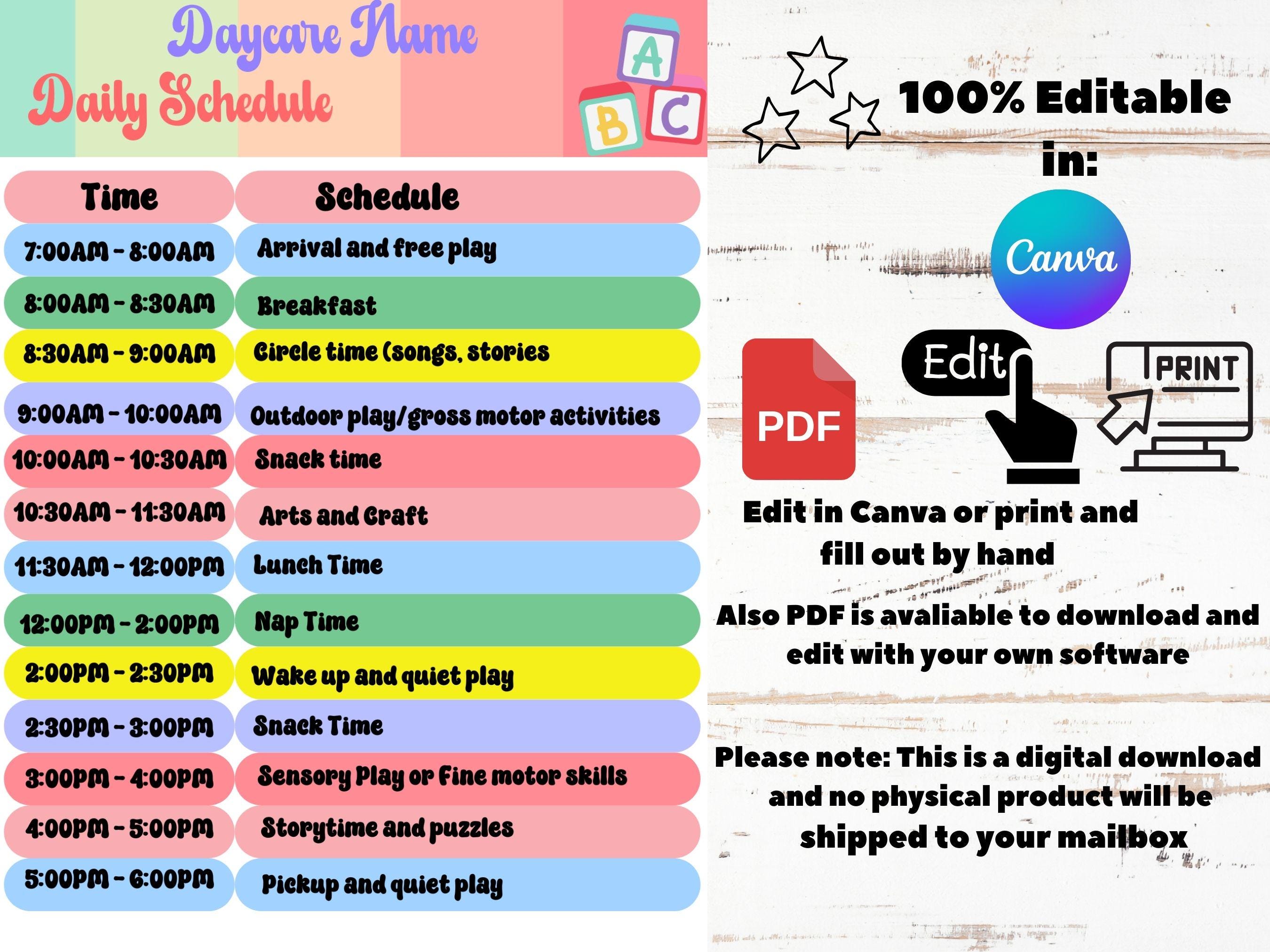 Editable and Printable Daily Daycare Schedule, Childcare Center ...