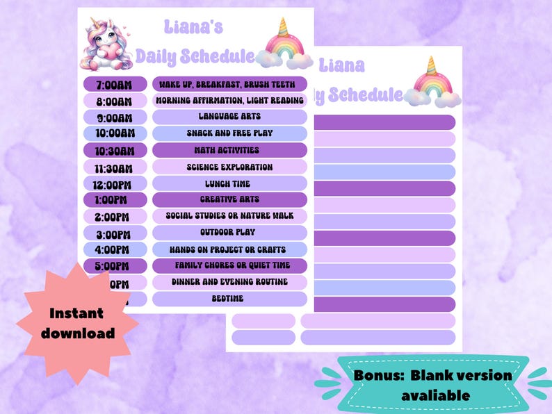 Homeschool Daily Schedule, Purple Girl, Unicorn Theme, Kids Daily ...