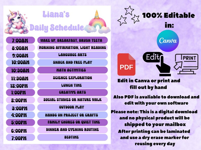 Homeschool Daily Schedule, Purple Girl, Unicorn Theme, Kids Daily ...