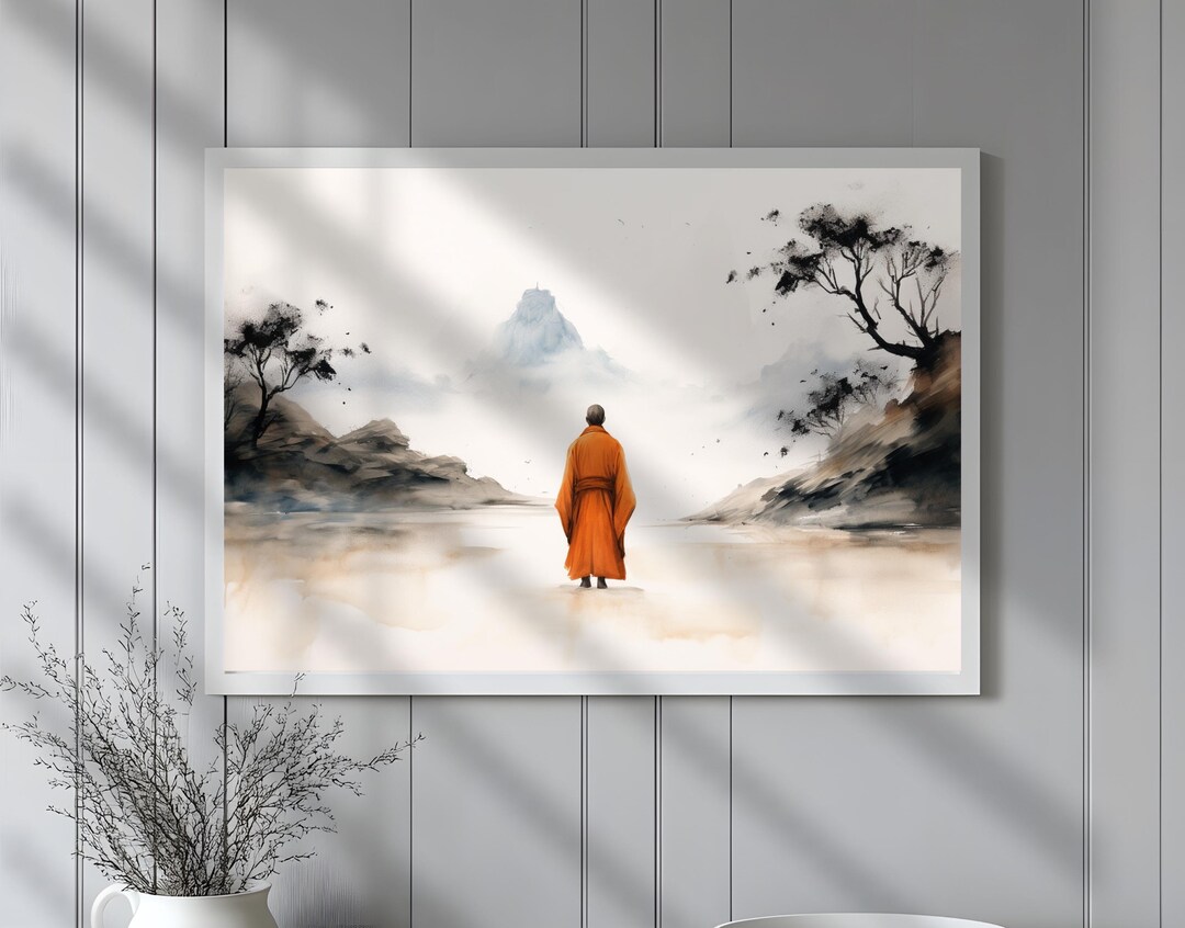 Zen Monk Meditation Art Print Tranquil Landscape Asian Minimalist Decor ...