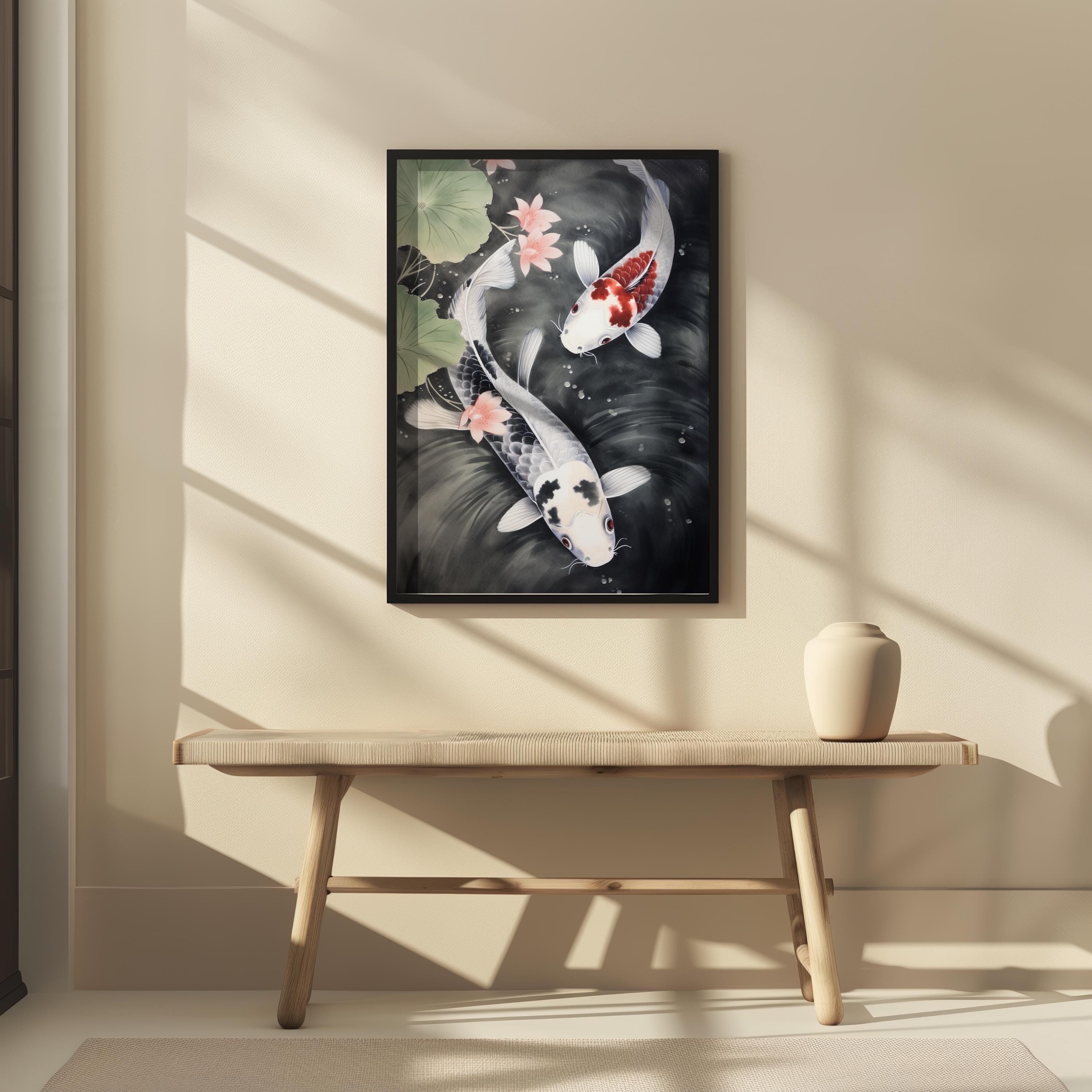 Japanese Koi Fish Ink Art Elegant Koi Fish and Lotus Wall Art Print ...