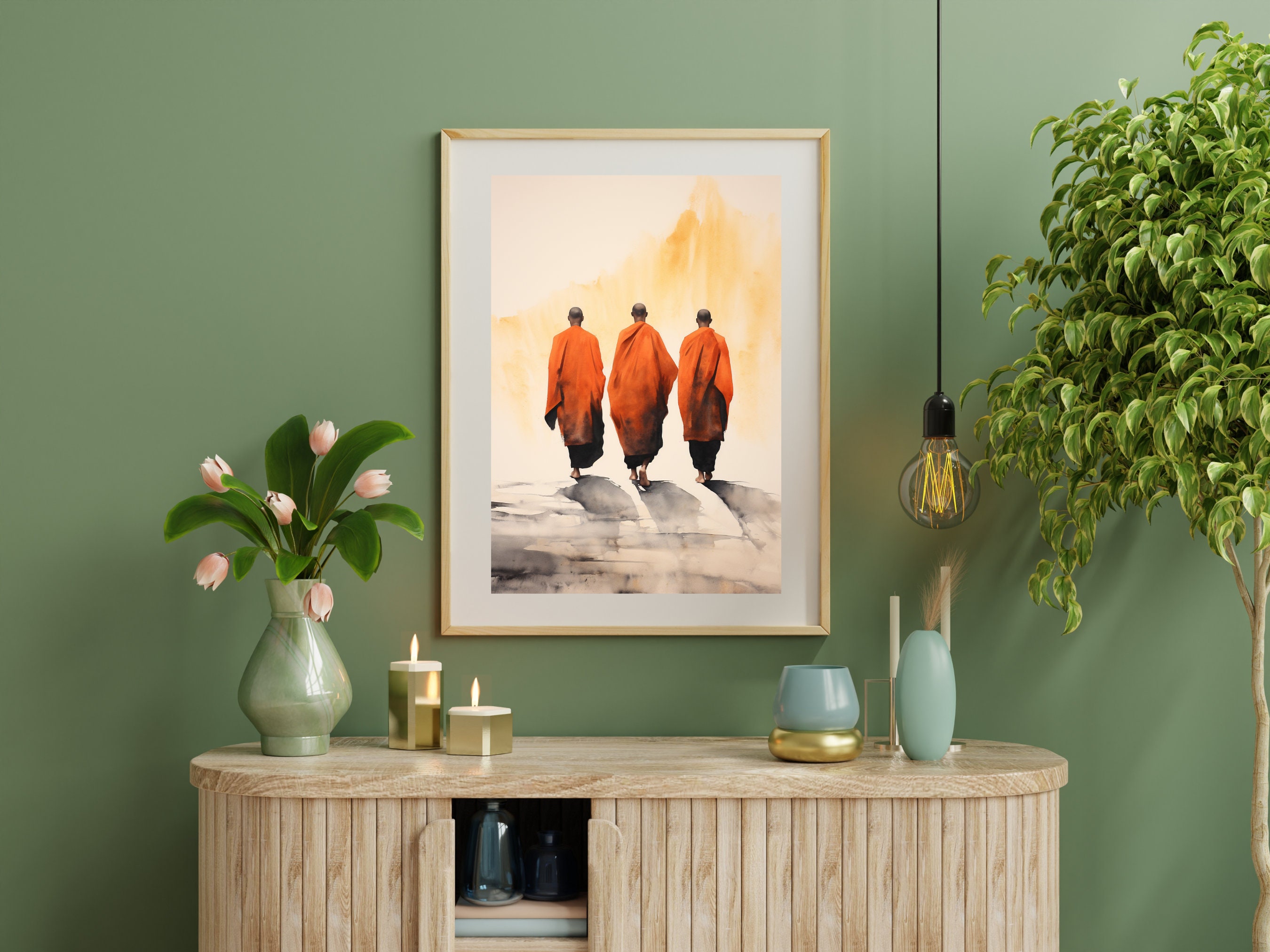 Zen Buddhist Monks Walking Poster Watercolor Print for Contemporary ...