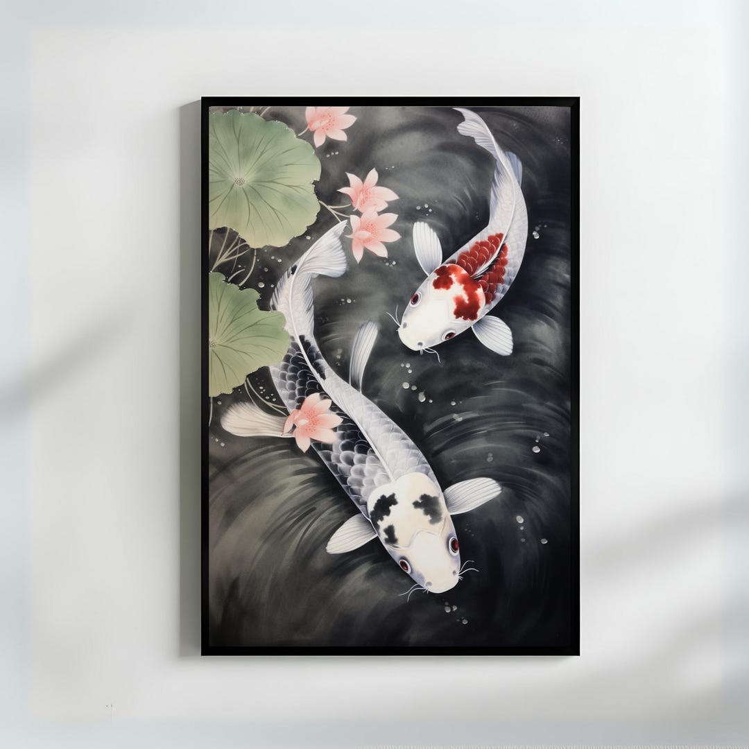 Japanese Koi Fish Ink Art Elegant Koi Fish and Lotus Wall Art Print ...