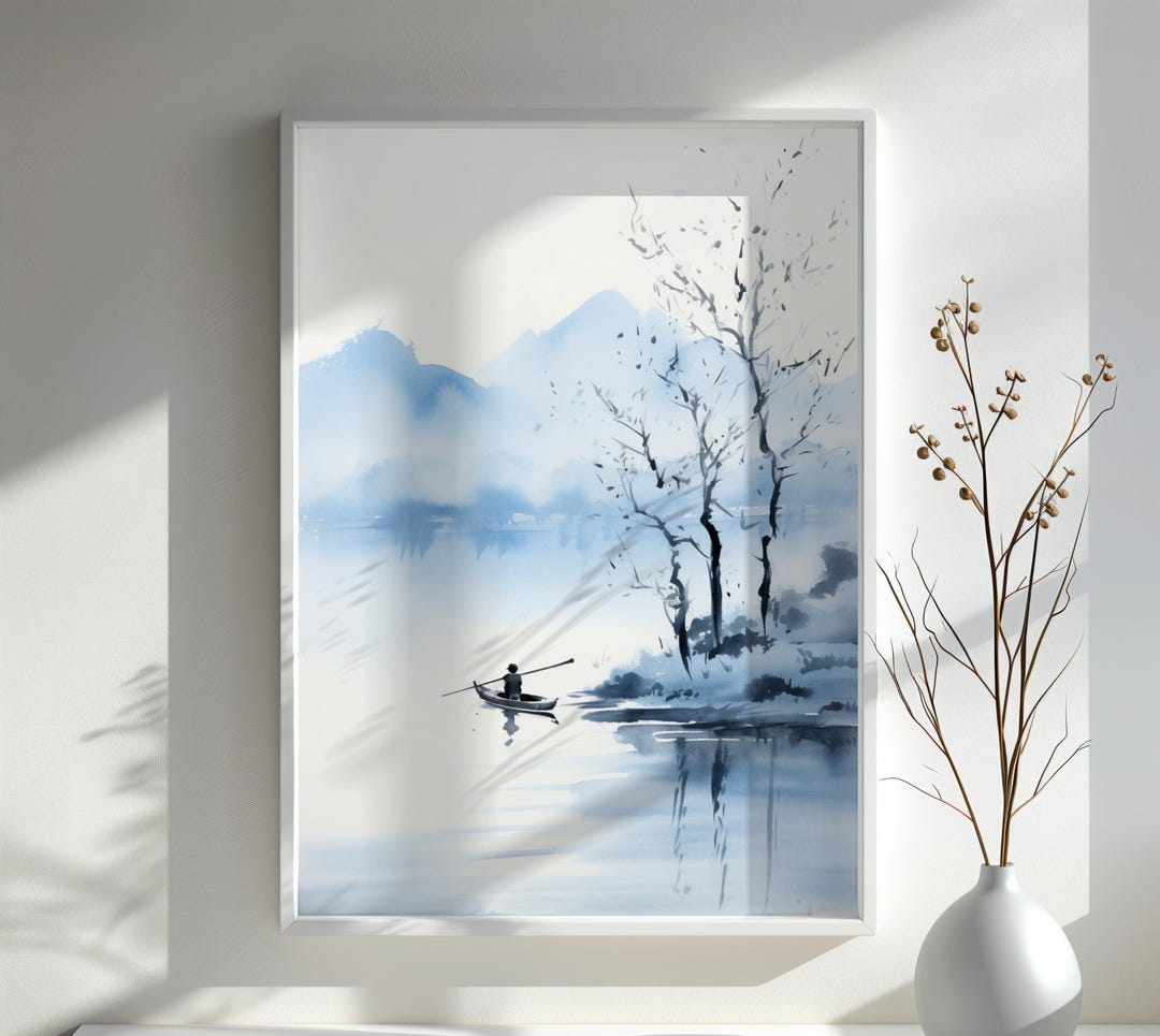 Fishing Art Print Minimalist Watercolor Wall Art Tranquil Nature Scene ...