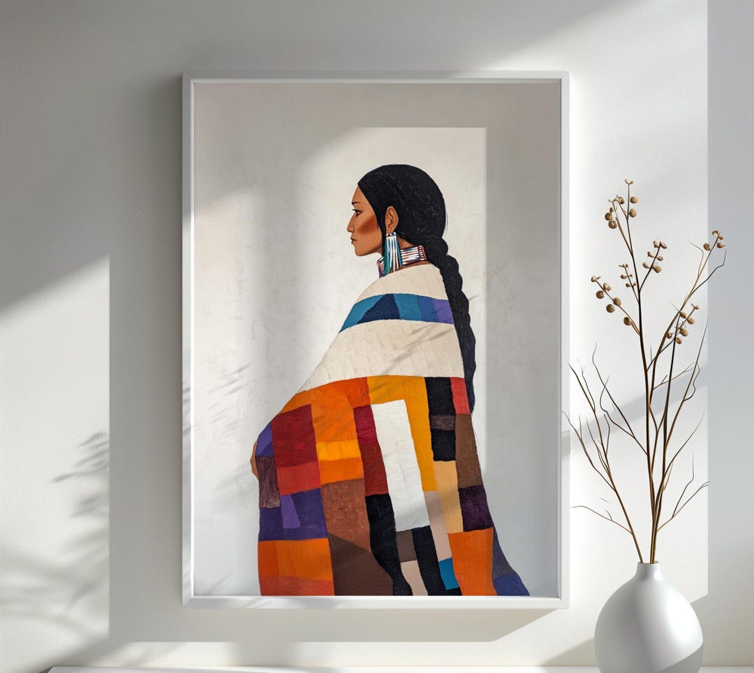 Native American Art Print Woman in Traditional Blanket Elegant Wall ...