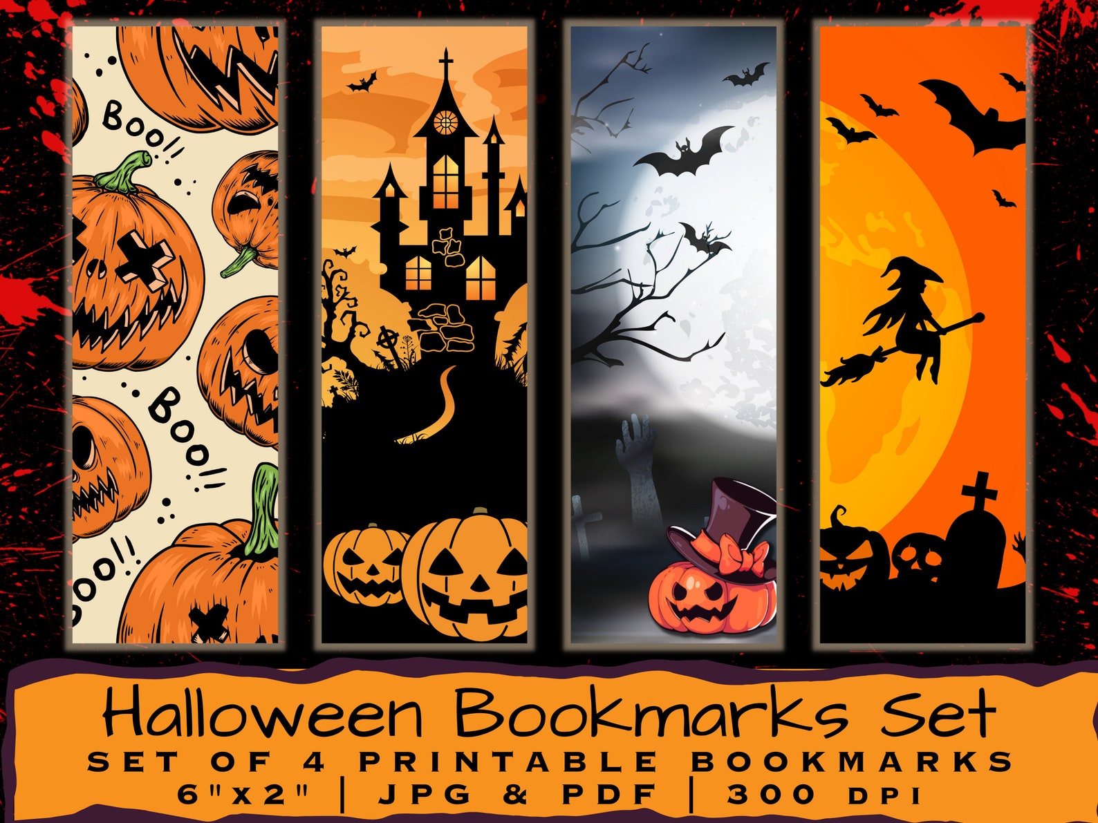 Halloween Bookmarks Bundle, Set of 4 Printable Spooky Markers, Bats ...