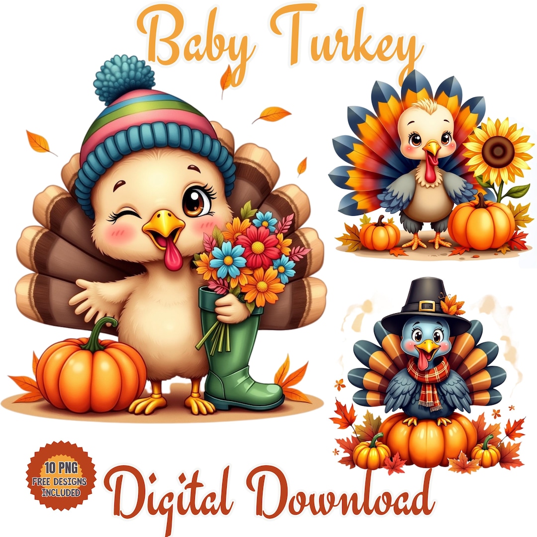 Watercolor Baby Turkey Clipart: Thanksgiving Autumn Graphics (PNG ...