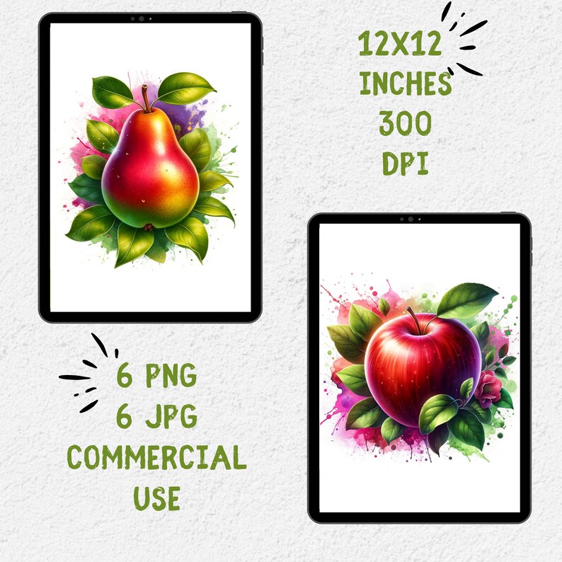 Watercolor Fruits Clipart. Red Apple, Banana, Strawberry, Green Apple ...