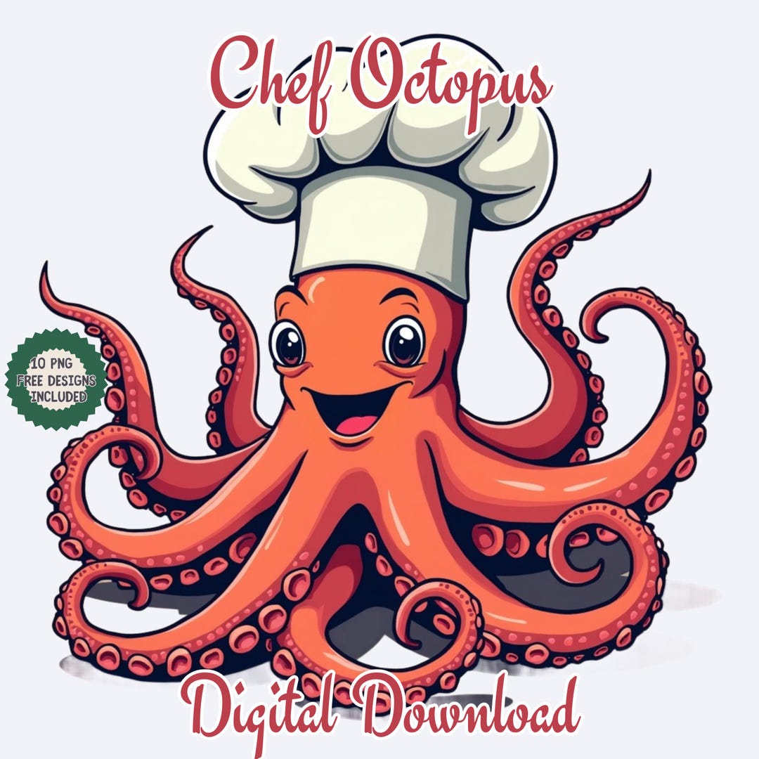 Red Chef Octopus Clipart Png Watercolor. Vivid Octopus Underwater ...
