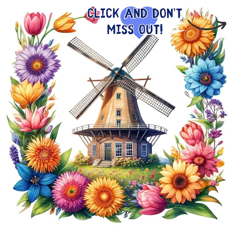 Watercolor Floral Windmill Clipart. Elegant Floral Windmill Clipart ...