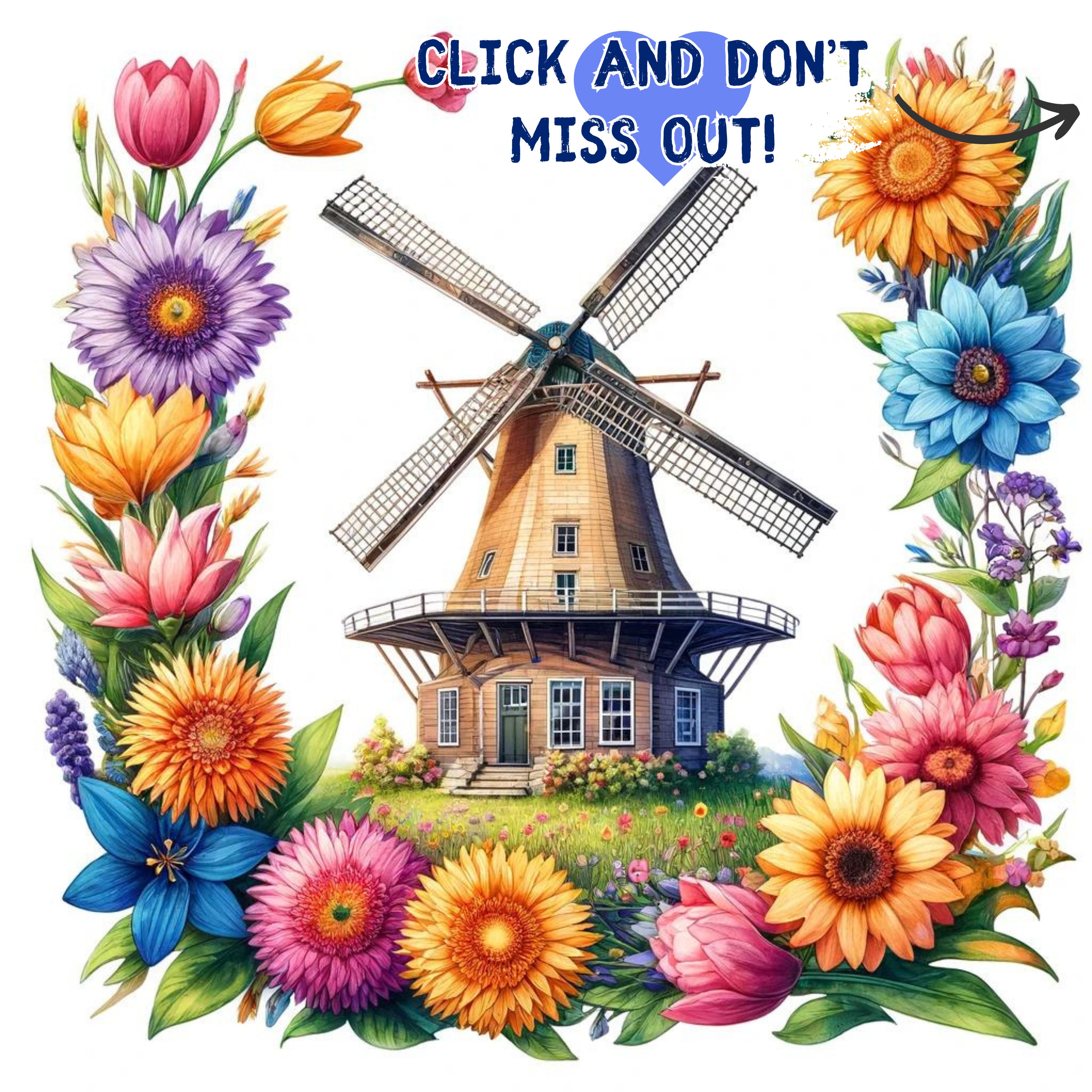 Watercolor Floral Windmill Clipart. Elegant Floral Windmill Clipart ...