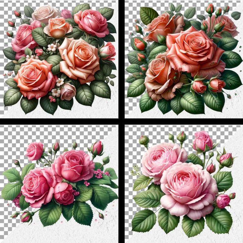 Watercolor Pink Roses Clipart Png, Roses Wedding Bouquet Bundle, Blush ...