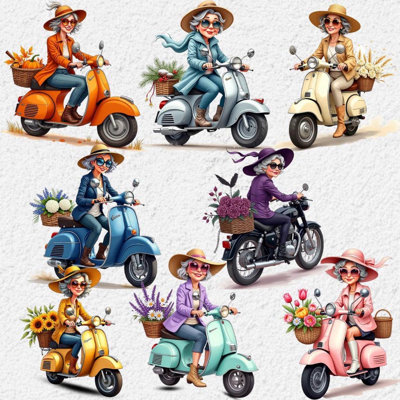 Grandma on Scooter Clipart: Floral PNG, Senior Adventures (digital ...