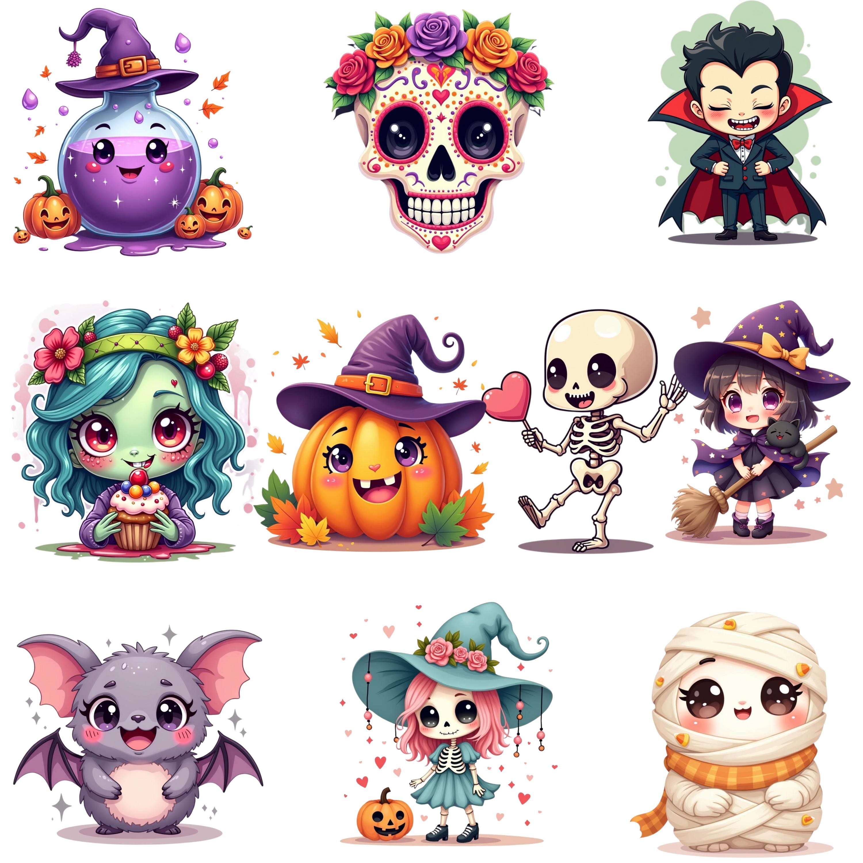 Halloween Cute Kawaii Clipart Watercolor Png Bundle. Adorable Halloween ...